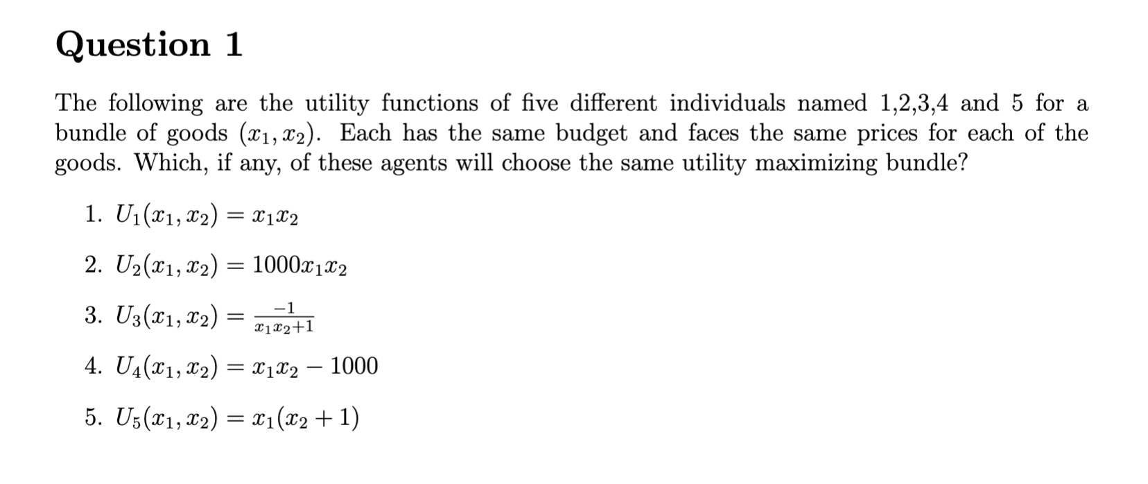 Solved The following are the utility functions of five | Chegg.com