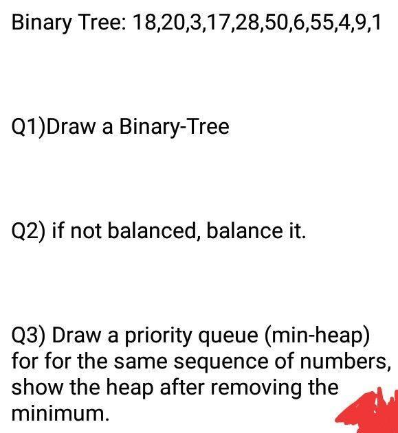 Solved Binary Tree: 18,20,3,17,28,50,6,55,4,9,1 Q1)Draw a | Chegg.com