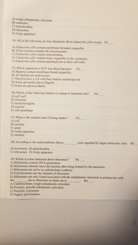 Solved A) rough endoplasmic reticulum B) centrioles C) | Chegg.com