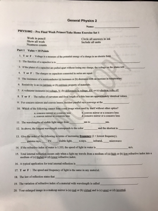Solved General Physics 2 Namet PHYS1002-Pre Final Week | Chegg.com