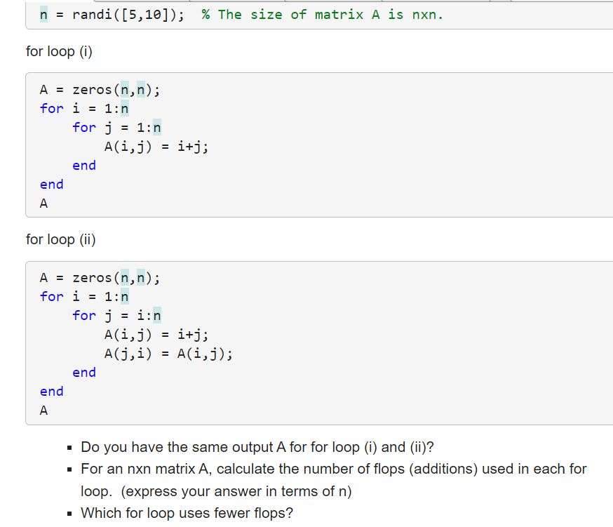 Solved n= randi ([5,10]);% The size of matrix A is n×n. for | Chegg.com