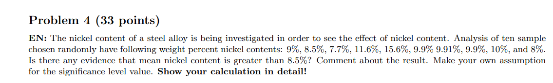 Solved Problem 4 (33 points) EN: The nickel content of a | Chegg.com