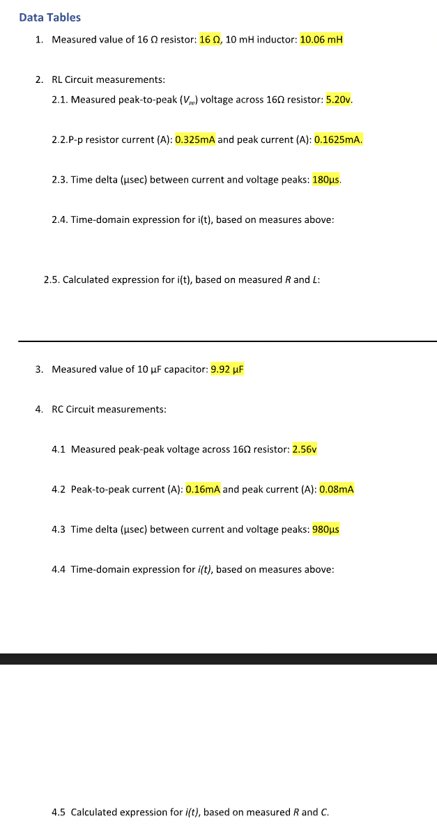 Solved Data Tables 1. Measured value of 16Ω resistor: | Chegg.com