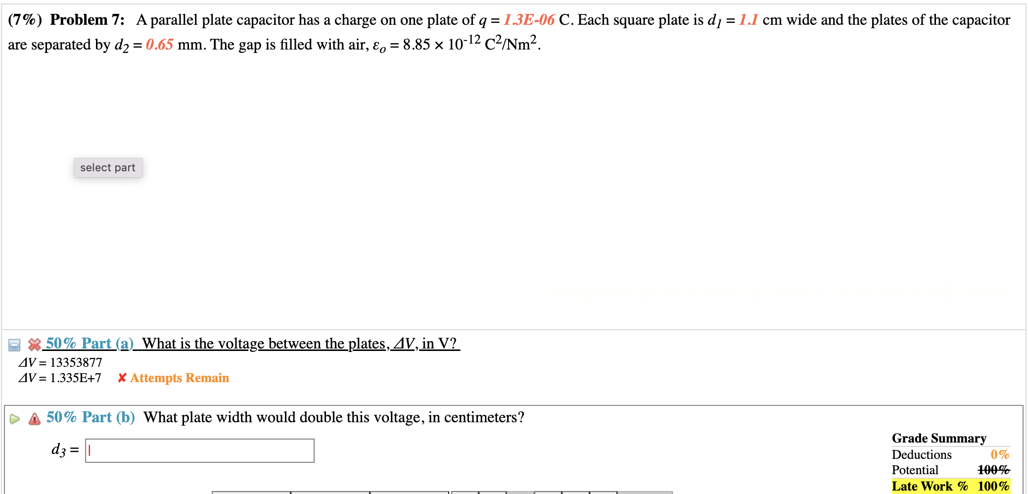 Solved 7 Problem 7 A Parallel Plate Capacitor Has A