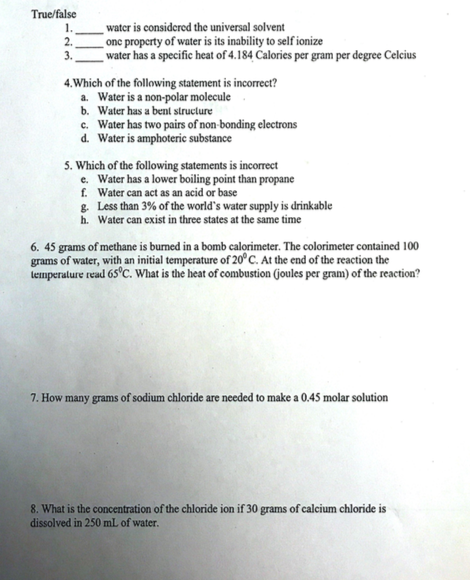 Solved 1 True/false water is considered the universal | Chegg.com