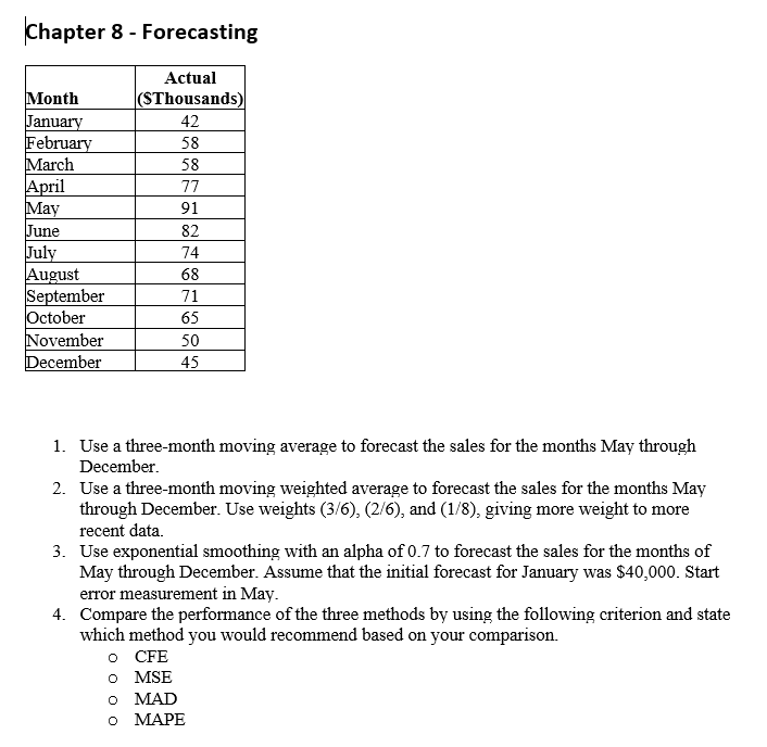 Solved Chapter 8 - ﻿ForecastingUse a three-month moving | Chegg.com