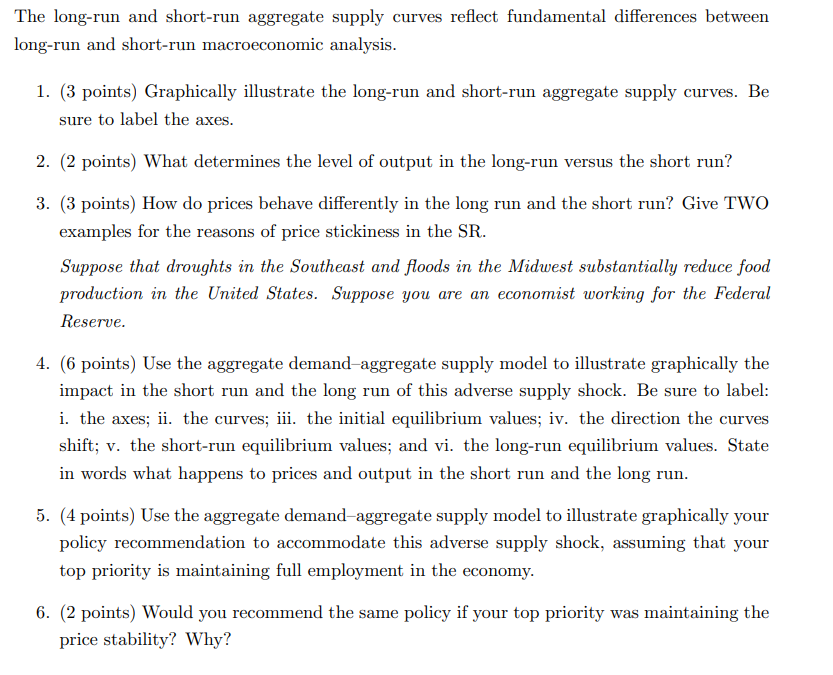 Solved The long-run and short-run aggregate supply curves | Chegg.com