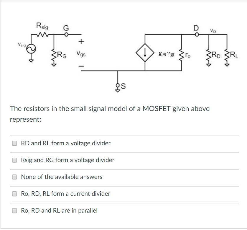 Solved Rsig G D Vo Vsig RG Vgs RD ZR QS The resistors in | Chegg.com