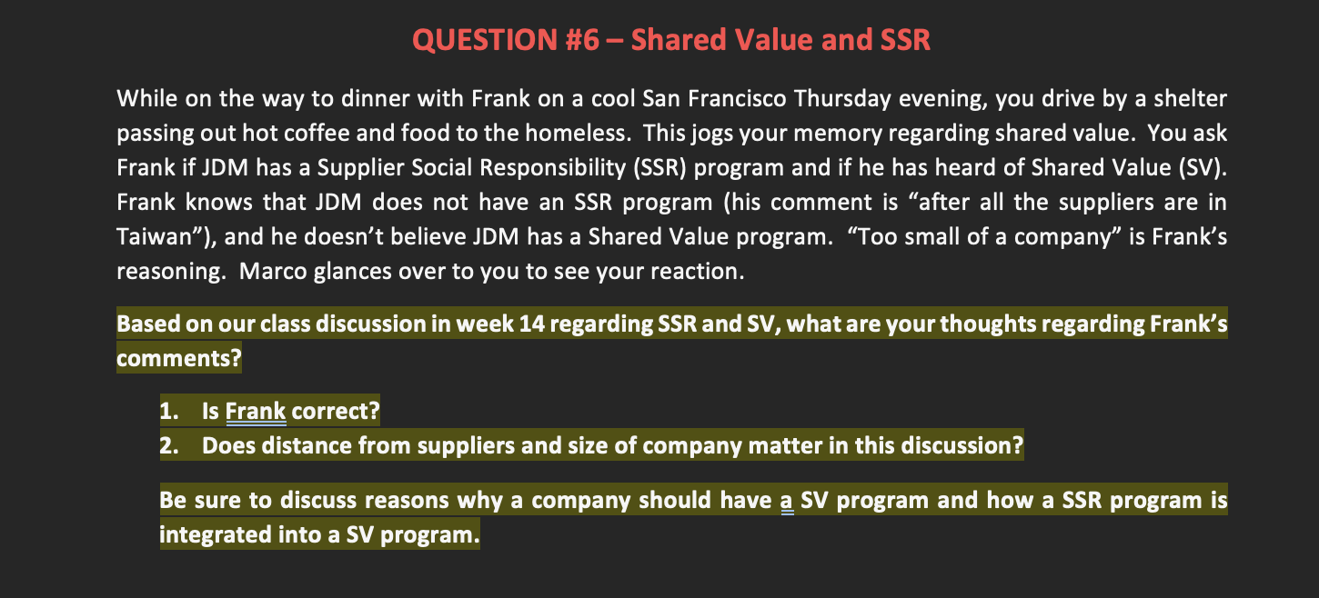 Solved QUESTION \#6 - Shared Value and SSR While on the way | Chegg.com