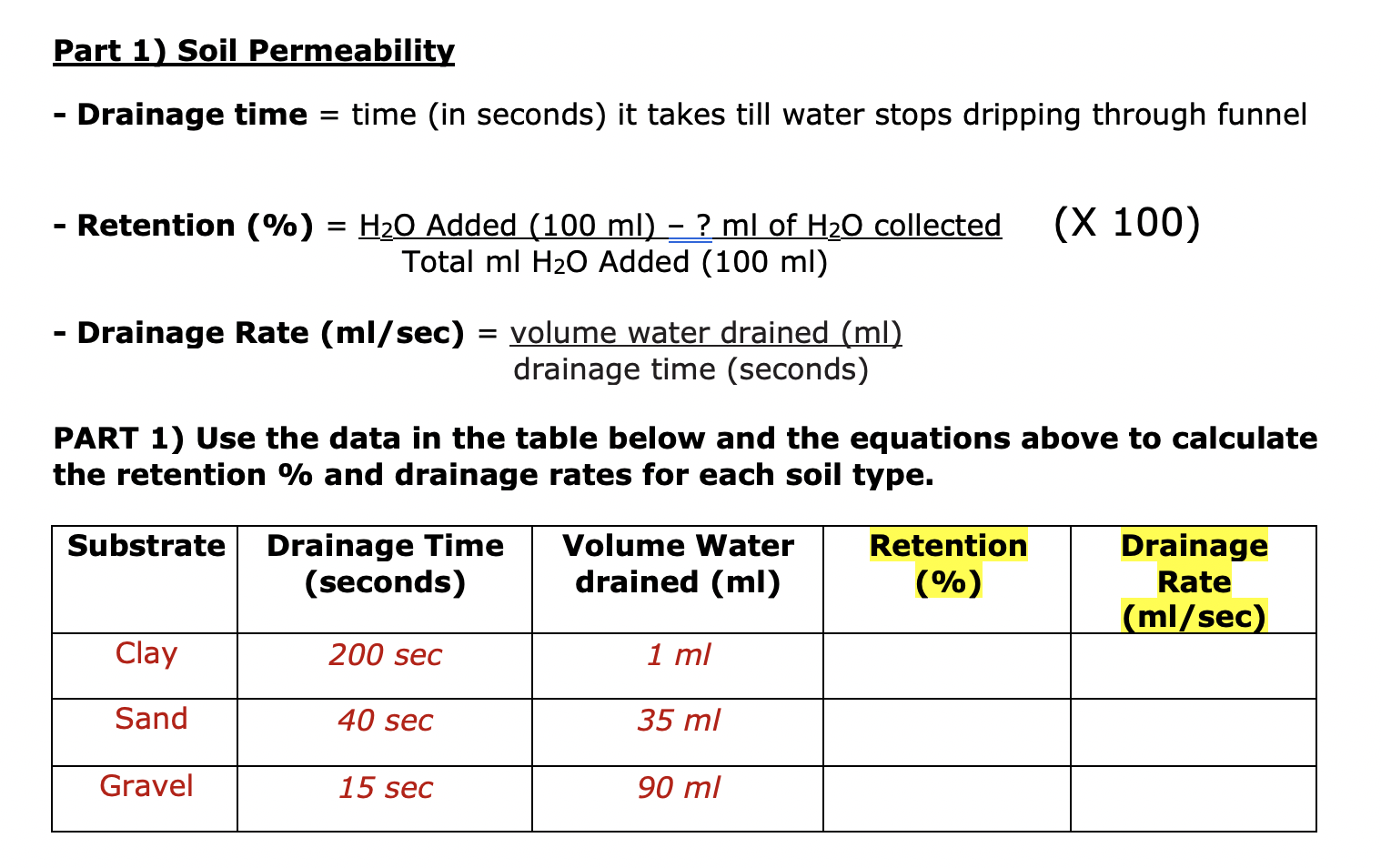Solved Part 1) Soil Permeability - Drainage time = time (in | Chegg.com