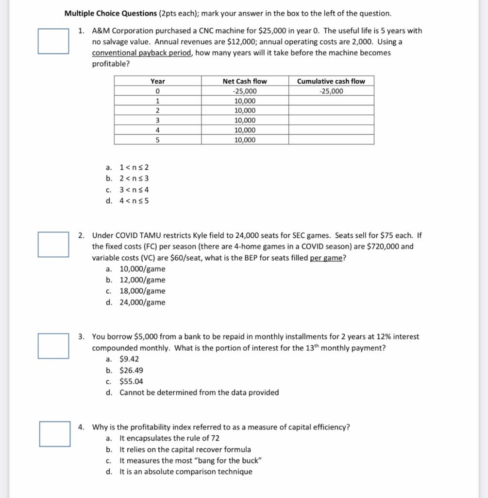 Solved Multiple Choice Questions (2pts each); mark your | Chegg.com