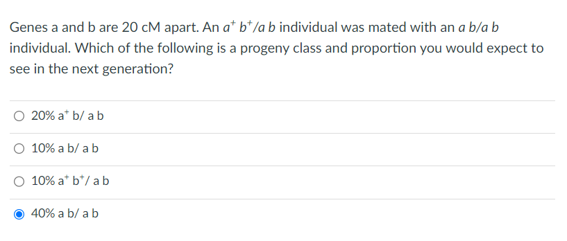 Solved Genes a and b ﻿are 20cM ﻿apart. An a+b+ab ﻿individual | Chegg.com