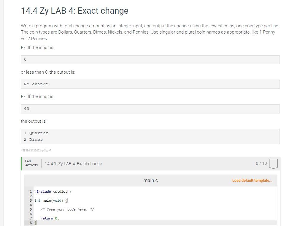 Solved 14.4 Zy LAB 4: Exact change Write a program with | Chegg.com