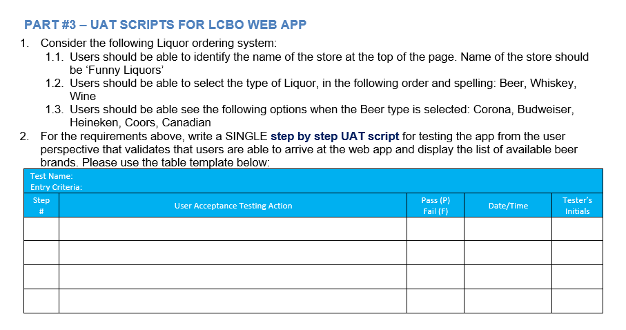 Solved PART #3 - UAT SCRIPTS FOR LCBO WEB APP 1. Consider | Chegg.com