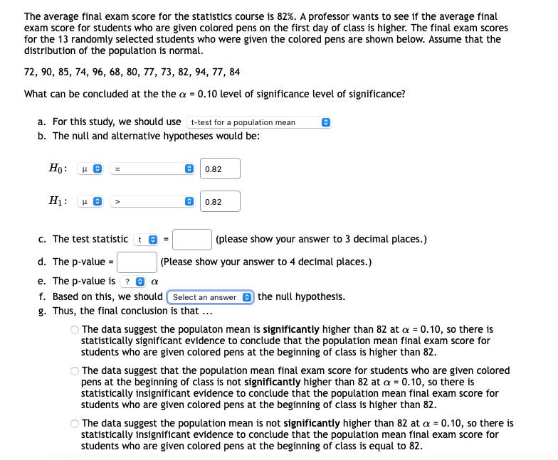 Solved The average final exam score for the statistics | Chegg.com