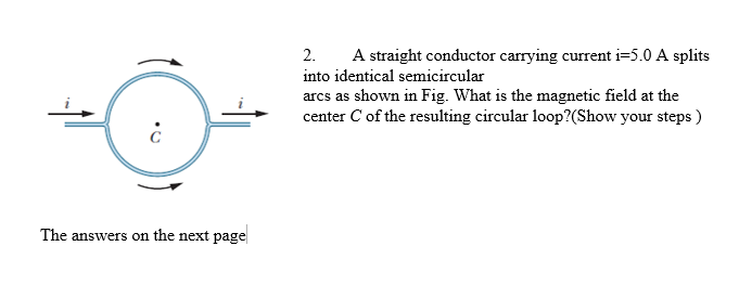 Solved A straight conductor carrying current i=5.0 A splits | Chegg.com