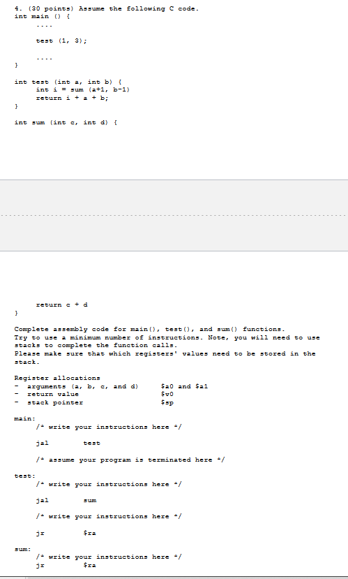 Solved 4. (30 points) Assume the following C code. int | Chegg.com