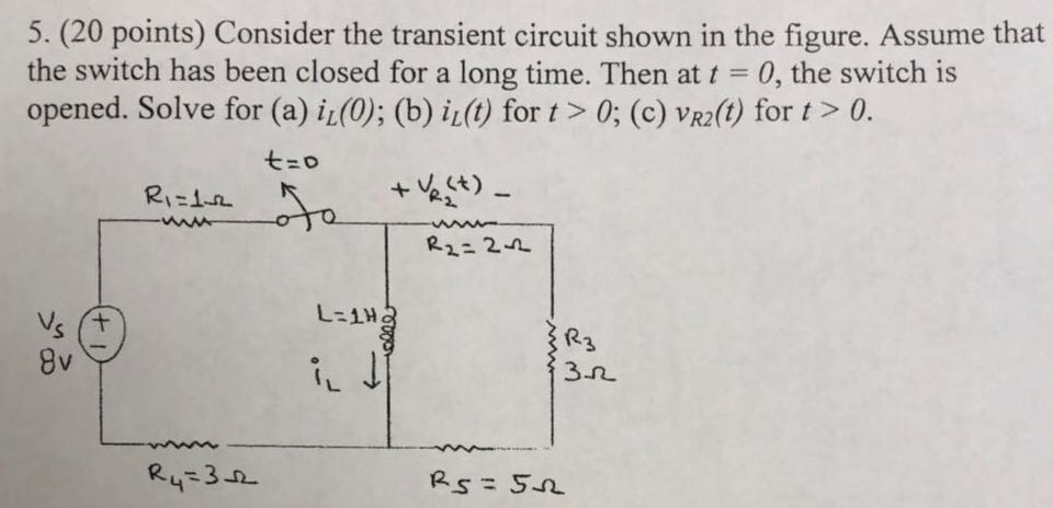 Solved 5. (20 points) Consider the transient circuit shown | Chegg.com