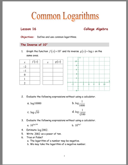Solved Common Logarithms Lesson 16 Objectives: Define and | Chegg.com