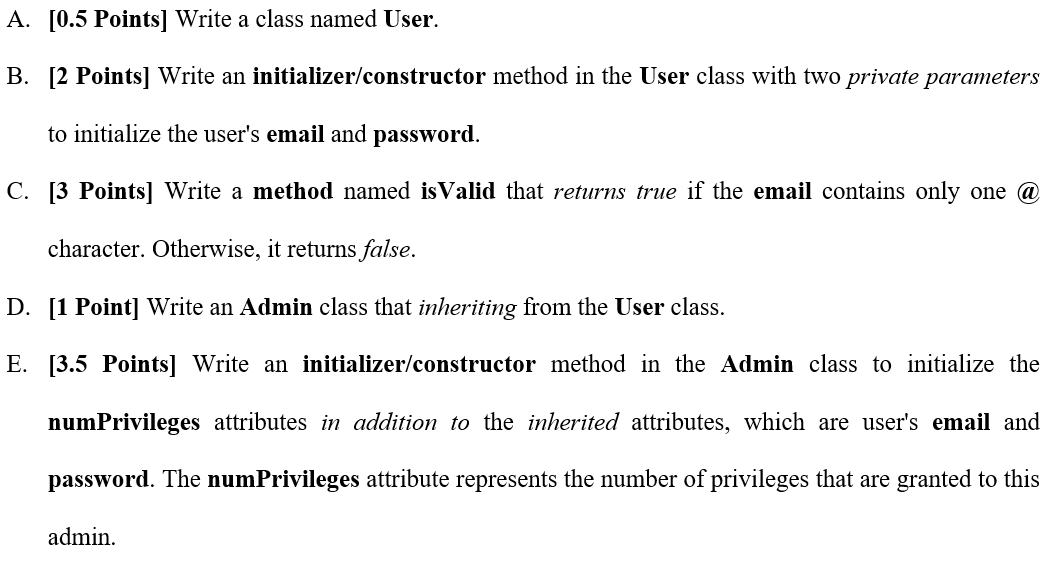 Solved A. [0.5 Points] Write a class named User. B. [2 | Chegg.com
