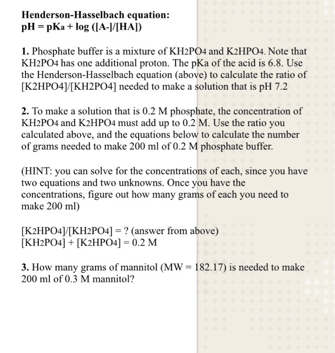 Solved Henderson-Hasselbach equation: pH- pKa log | Chegg.com
