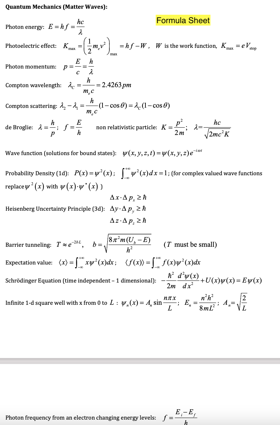 Quantum Physics Equations Sheet