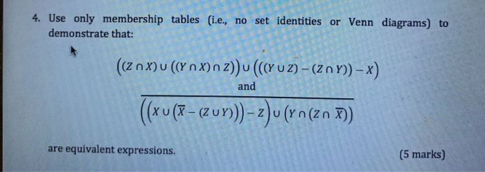Solved 4. Use only membership tables (ie, no set identities | Chegg.com