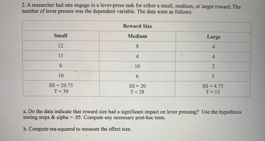 Solved 2. A researcher had rats engage in a lever-press task | Chegg.com