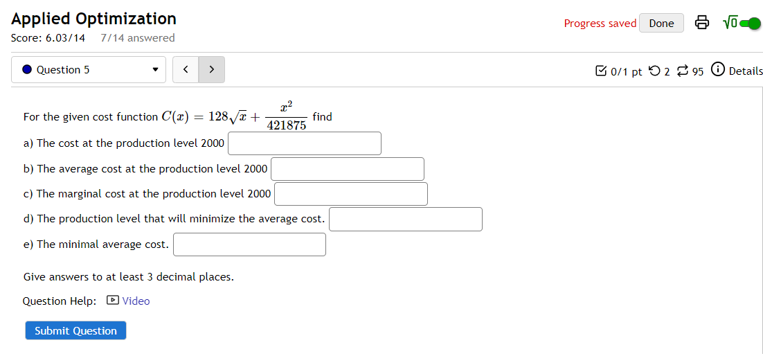 Solved Applied Optimization Progress saved Done v0 Score: | Chegg.com