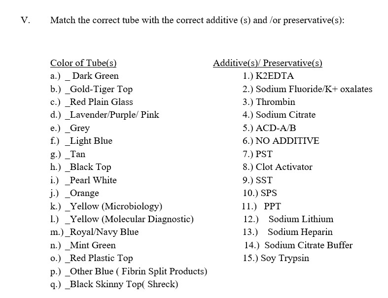 Solved V. ﻿Match the correct tube with the correct additive | Chegg.com