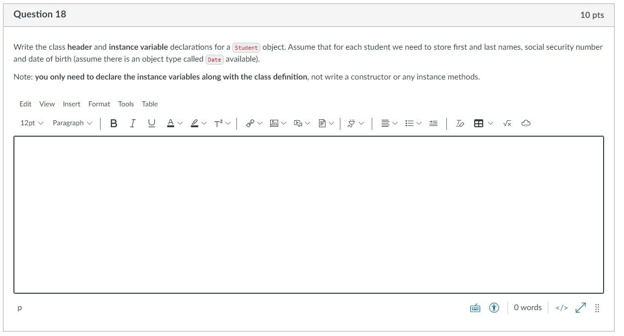 Solved Question 18 10 pts Write the class header and | Chegg.com