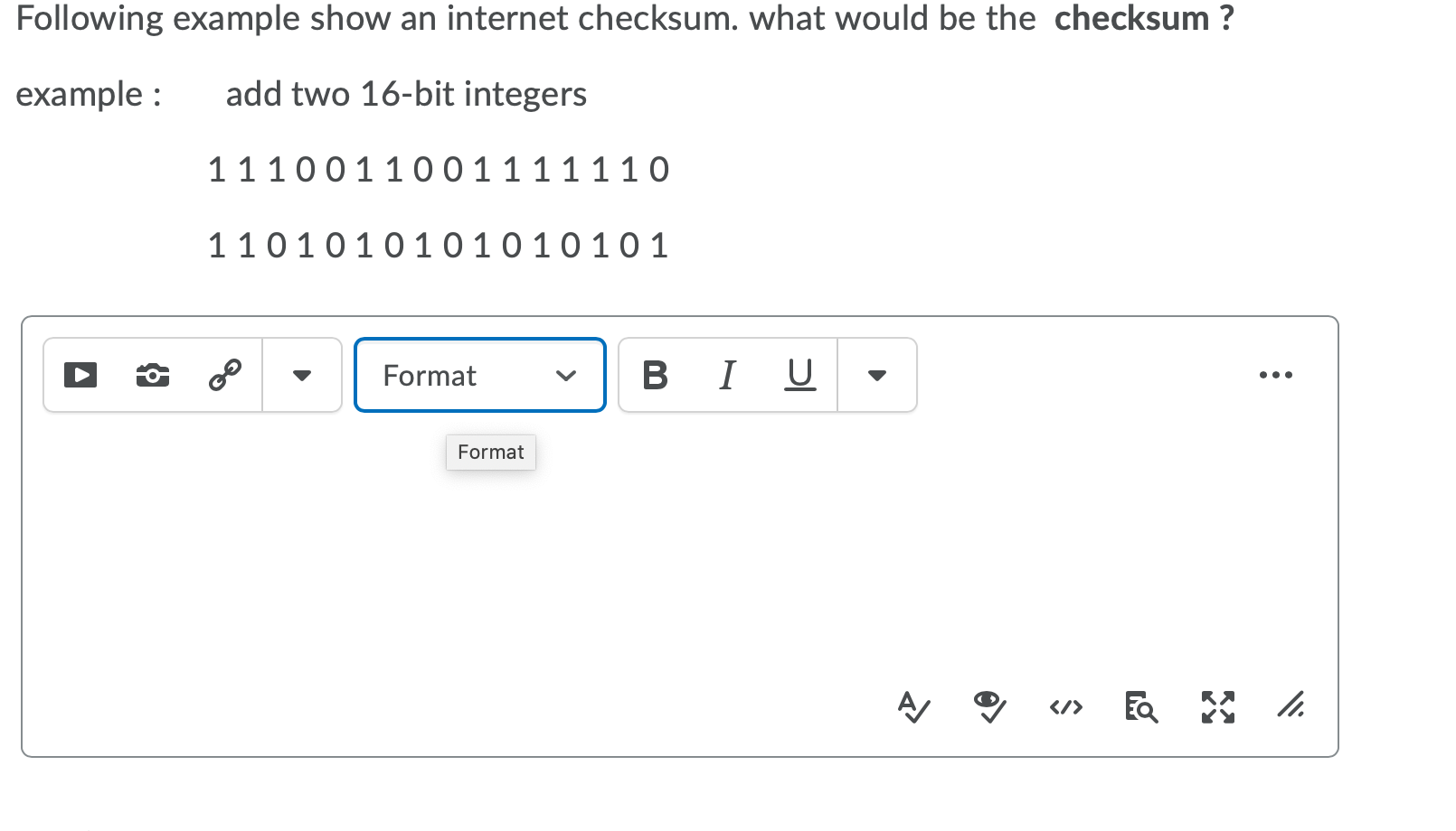 Solved Following example show an internet checksum. what | Chegg.com