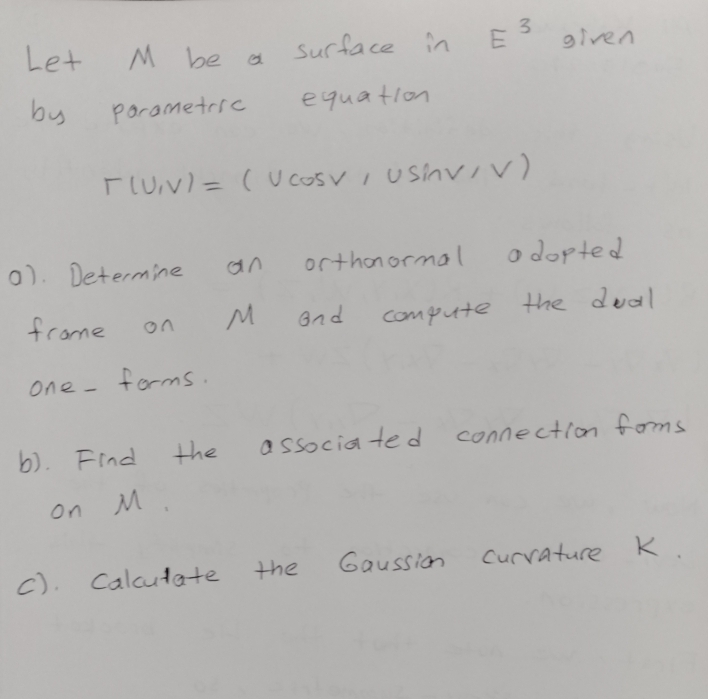 Solved Let M be a surface in E3 given by parametric equation | Chegg.com