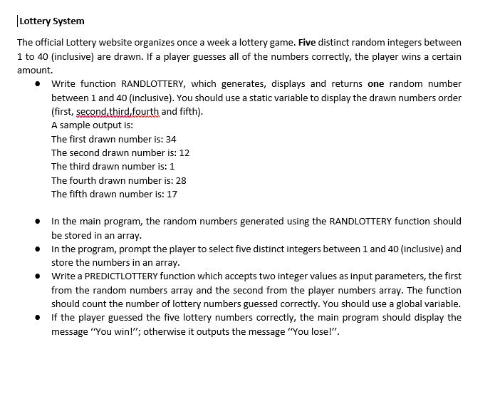 Solved Lottery System The official Lottery website organizes | Chegg.com