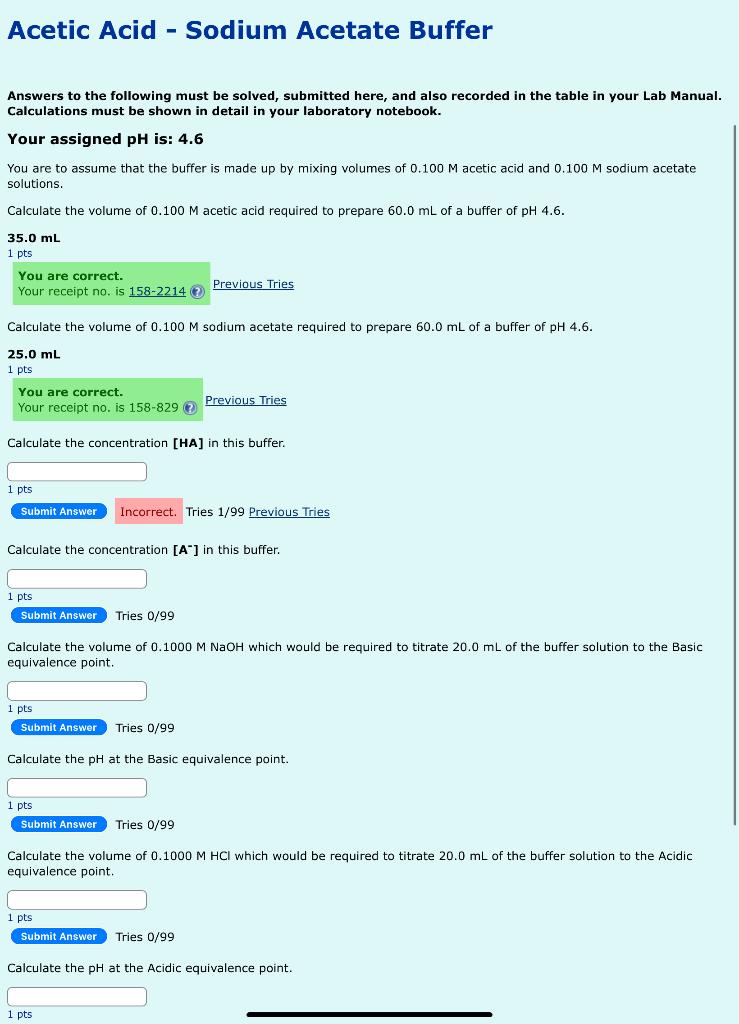 Solved Acetic Acid - Sodium Acetate Buffer Answers to the | Chegg.com