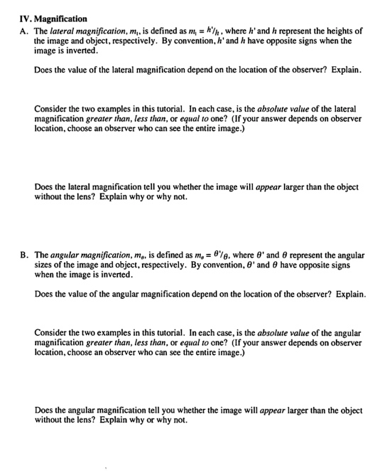 IV. Magnification A. The lateral magnification, m, is | Chegg.com