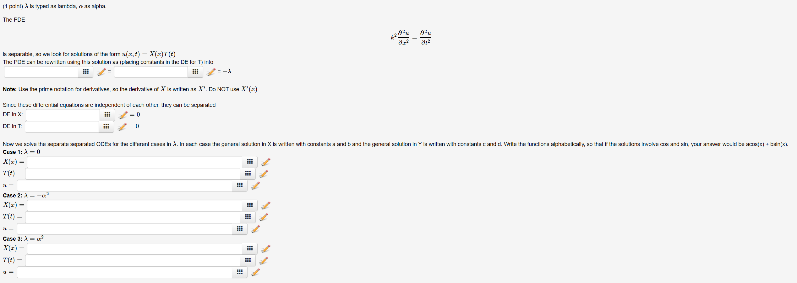 Solved (1 point) is typed as lambda, a as alpha. The PDE , | Chegg.com