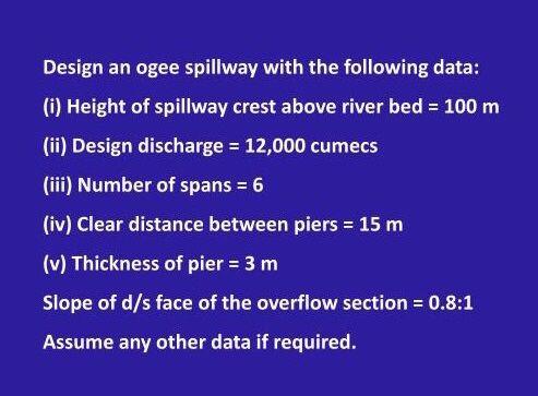 Solved Design an ogee spillway with the following data: (i) | Chegg.com