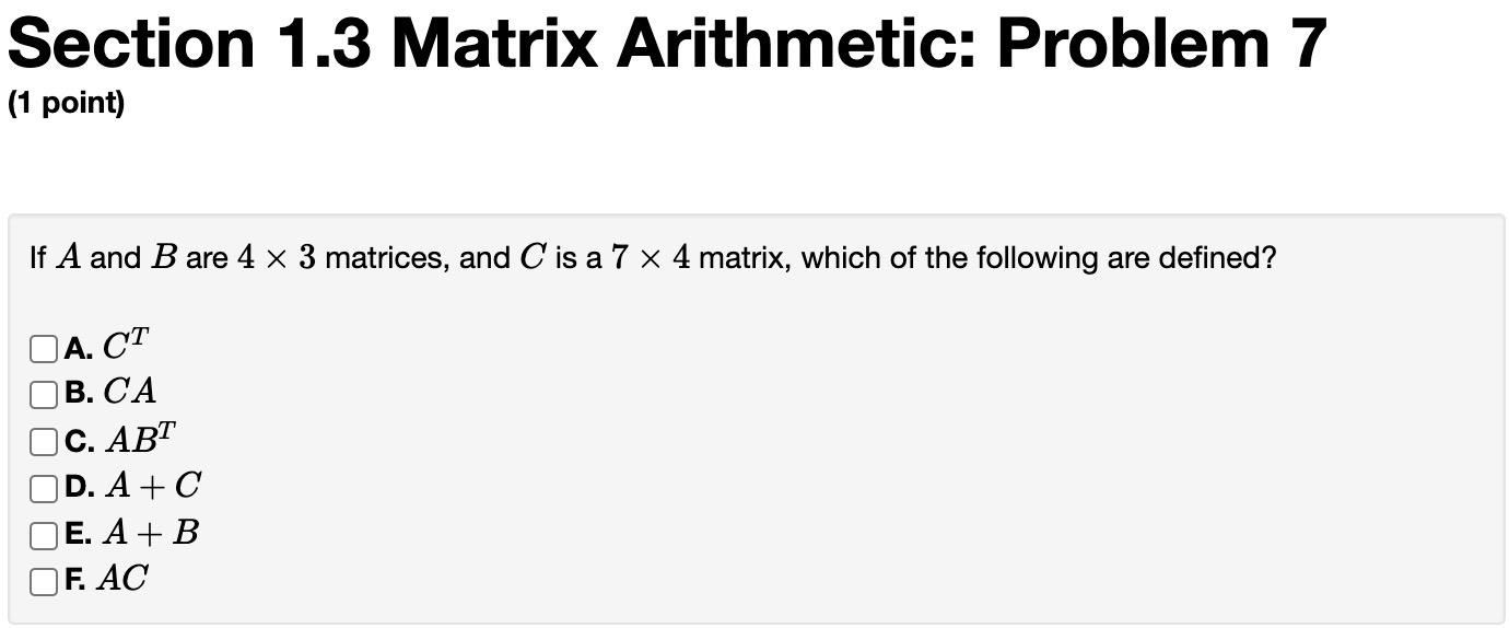Solved Section 1.3 Matrix Arithmetic: Problem 7 1 point) If | Chegg.com