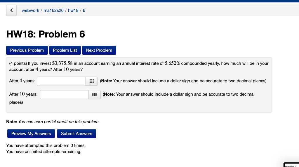 Solved webwork/ma162s20 / hw18 / 6 HW18: Problem 6 Previous | Chegg.com