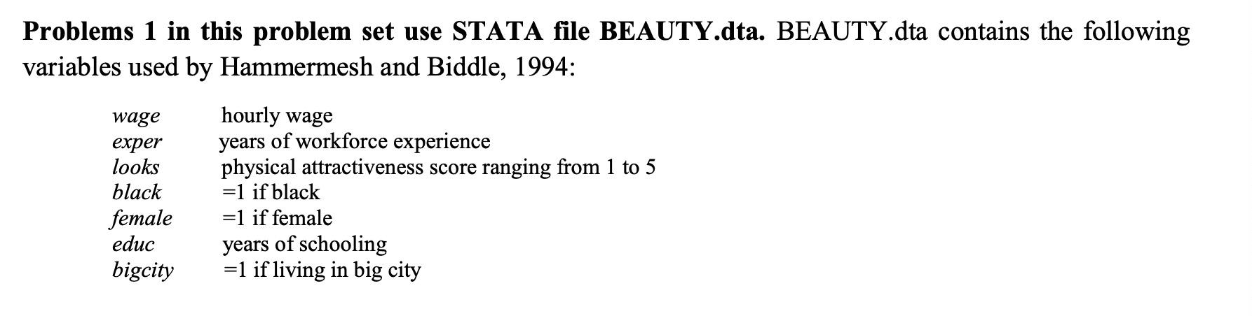 Problems 1 in this problem set use STATA file | Chegg.com