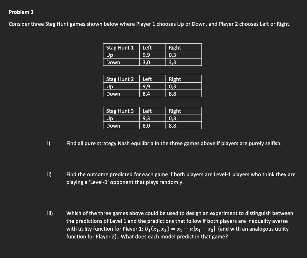 Solved Problem 3 Consider three Stag Hunt games shown below | Chegg.com