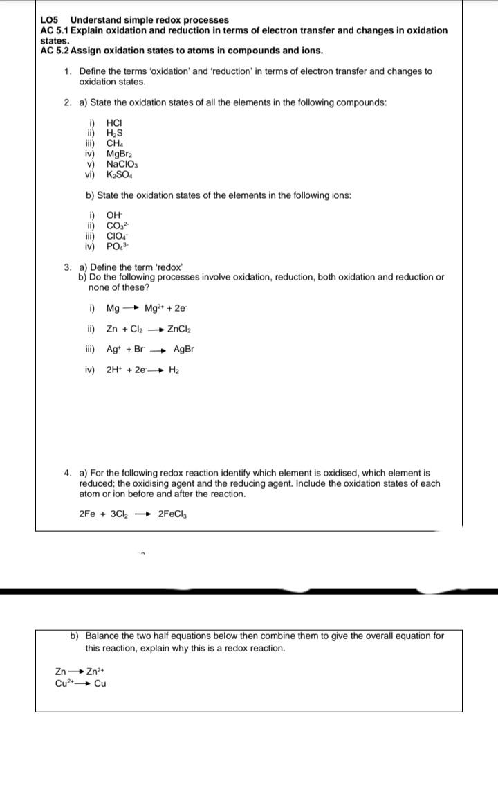 Solved LO5 Understand simple redox processes AC 5.1 Explain | Chegg.com
