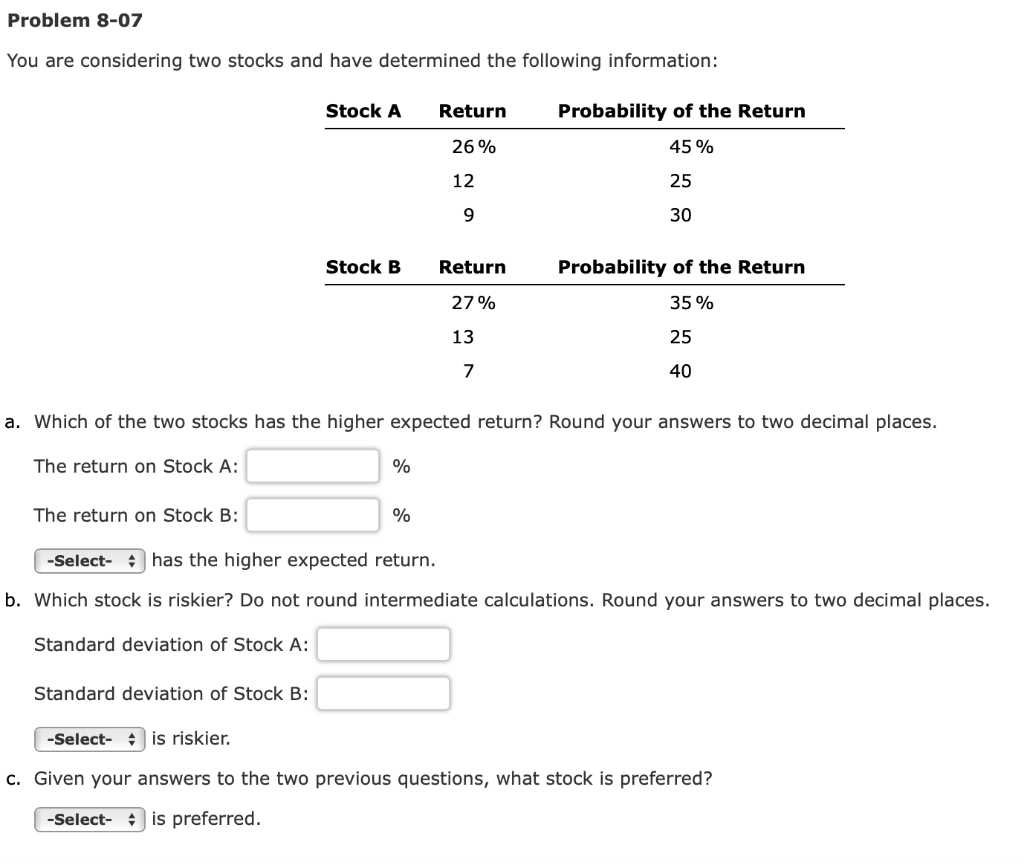 Solved Problem 8-07 You are considering two stocks and have | Chegg.com
