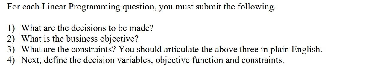 Solved For each Linear Programming question, you must submit | Chegg.com