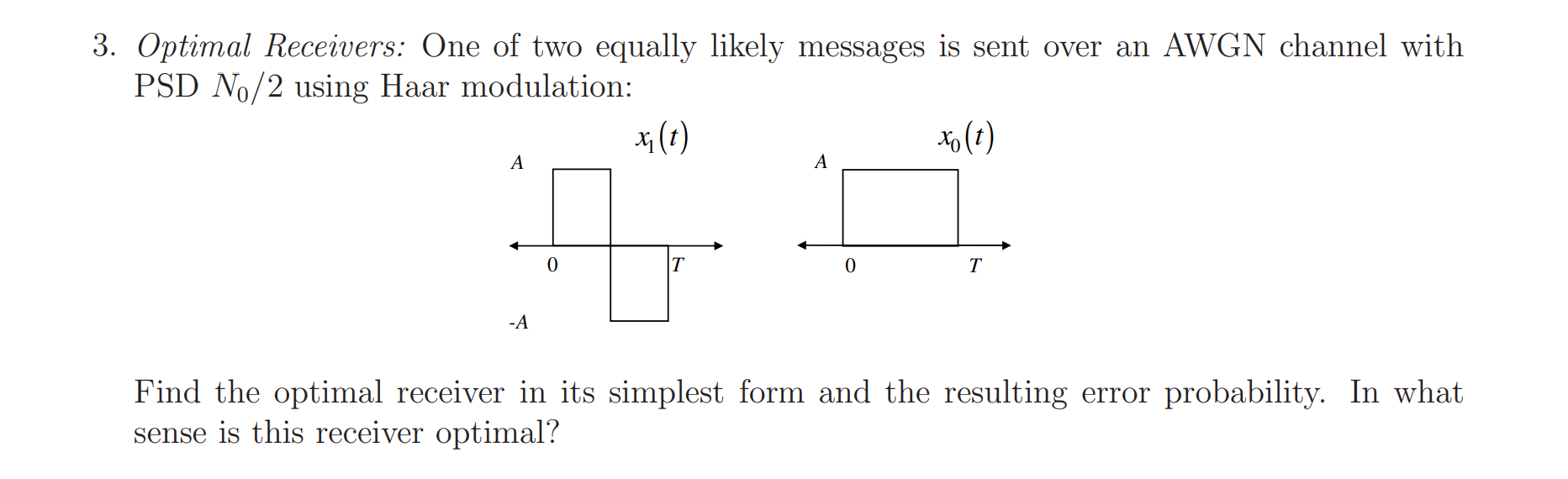Solved Optimal Receivers: One of two equally likely messages | Chegg.com