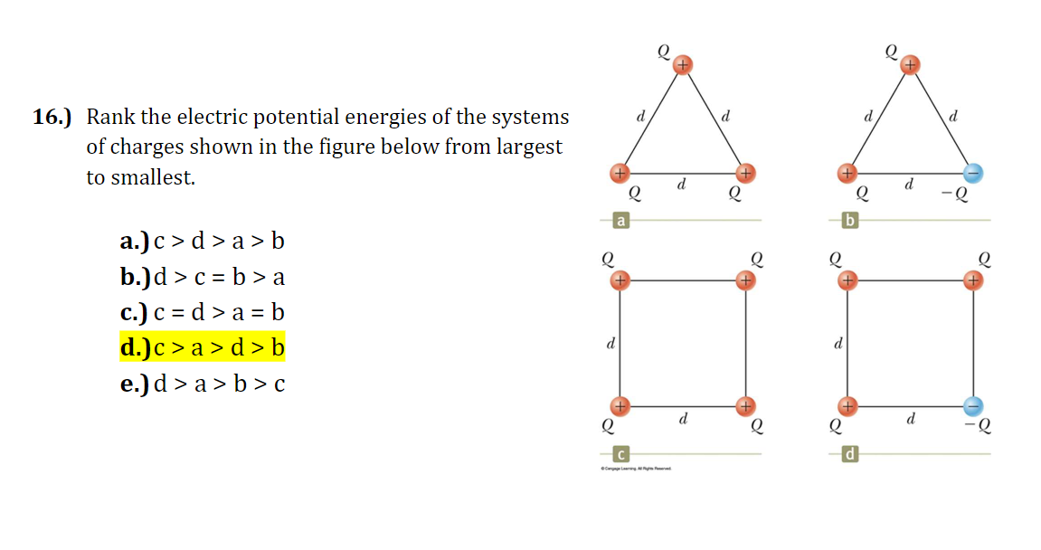 Solved Q d d d 16.) Rank the electric potential energies of | Chegg.com