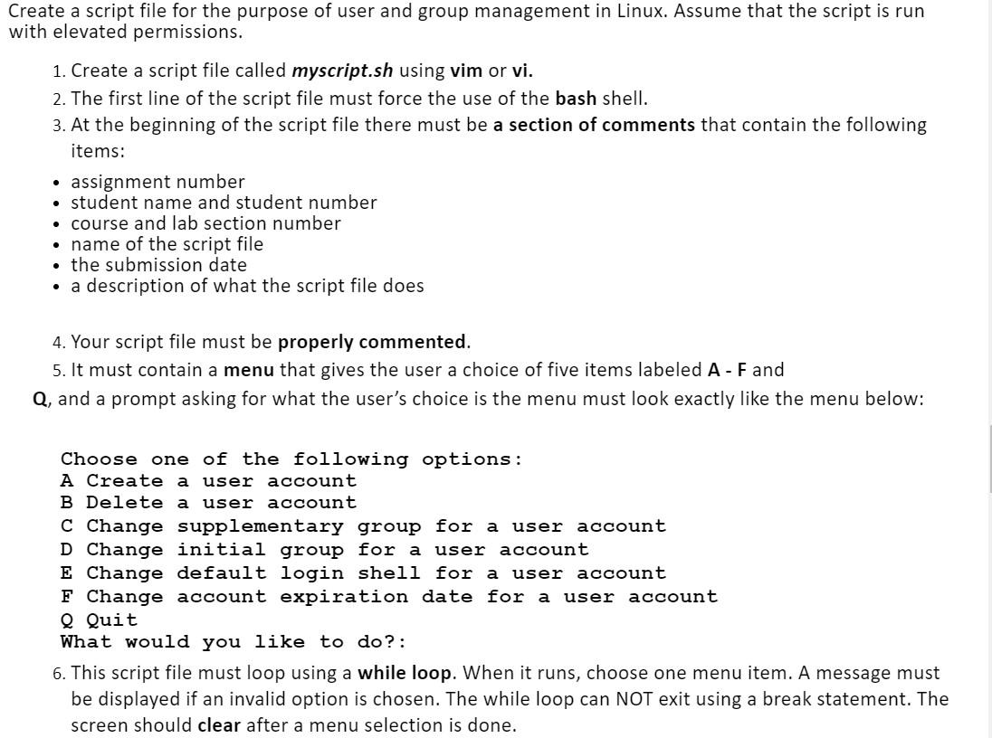 Solved Create A Script File For The Purpose Of User And Chegg