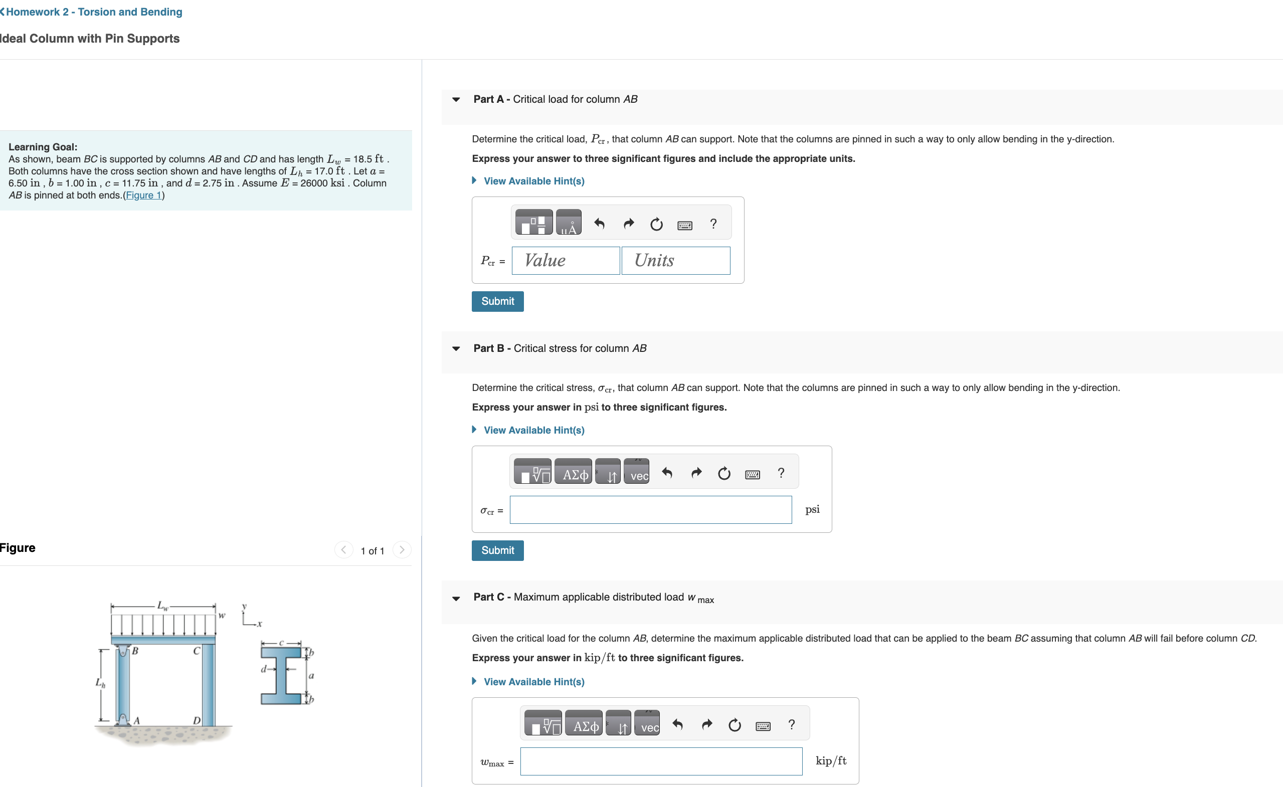Solved 《Homework 2 - Torsion and Bending Ideal Column with | Chegg.com