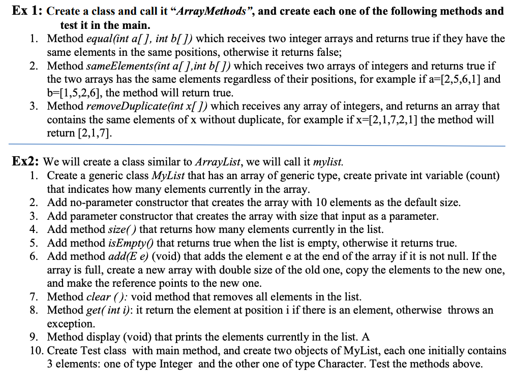 Ex 1: Create a class and call it “ArrayMethods”, and | Chegg.com
